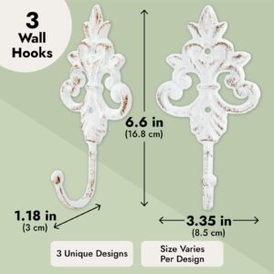 Farmlyn Creek Set of 3 Cast Iron Wall Hooks, French Country Farmhouse Design, Includes Screws and Anchors (6.5 in, White)