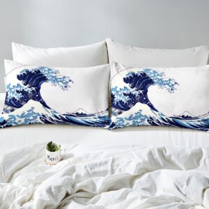 Erosebridal Sea Wave Duvet Cover Japanese Wave Comforter Cover Ocean Nautical Surf Bedding Japanese Ukiyoe Print Bedspread Cover, Soft Microfiber 1 Duvet Cover with 1 Pillow Case Twin Size