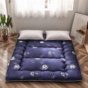 navy space adventure japanese floor futon mattress, thicken tatami mat sleeping pad foldable bed roll up mattress floor lounger bed couches and sofas for kids queen size