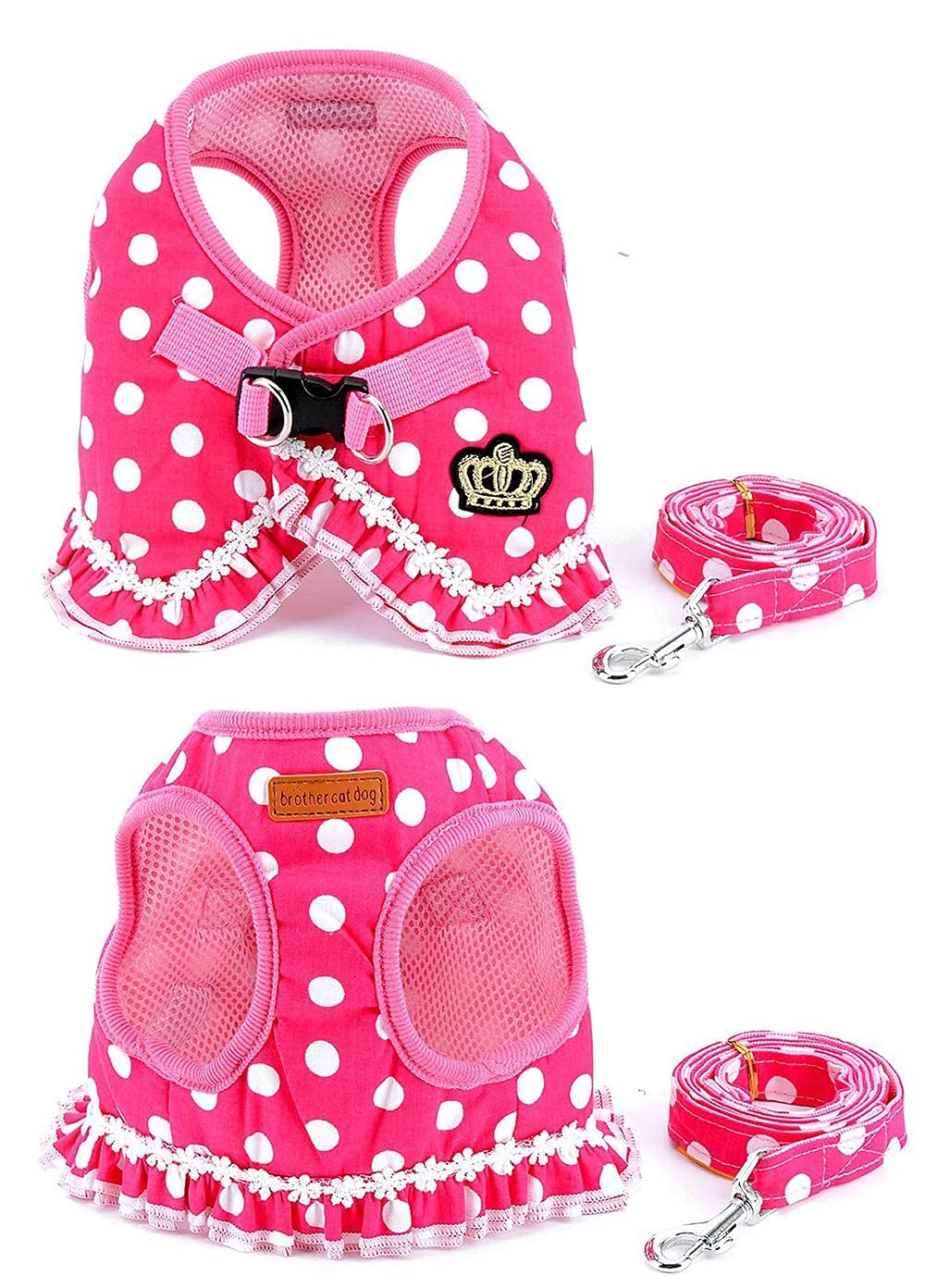 BARKLESS Cute Small Dog Harness, Ladies Polka Dots Dog Vest Harness Set with Pink Leash and Bowknot Collar, 3 in 1 Girl Style Vest Harness Set for Puppy and Cat (XL, Pink)