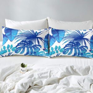 Erosebridal Palm Leaf Bedding Set Banana Leaf Duvet Cover Monstera Tropical Leaf Quilt Cover Hawaiian Blue Comforter Cover for Adult, Room Decoration 1 Duvet Cover with 2 Pillow Cases King Size