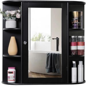 iwell bathroom medicine cabinet with mirror, bathroom wall cabinet with 2 adjustable shelves & 6 open shelves, bathroom cabinet wall mounted, over the toilet space saver storage cabinet, black