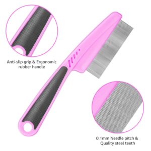 Flea Comb For Dogs Cat Comb Lice Comb Metal Tear Stain Dog Combs Pet Comb Grooming Set 5 Pieces By BENSEAO Teeth Durable Remove Float Hair Combing tangled hair Dandruff Add Storage Pouch (pink)