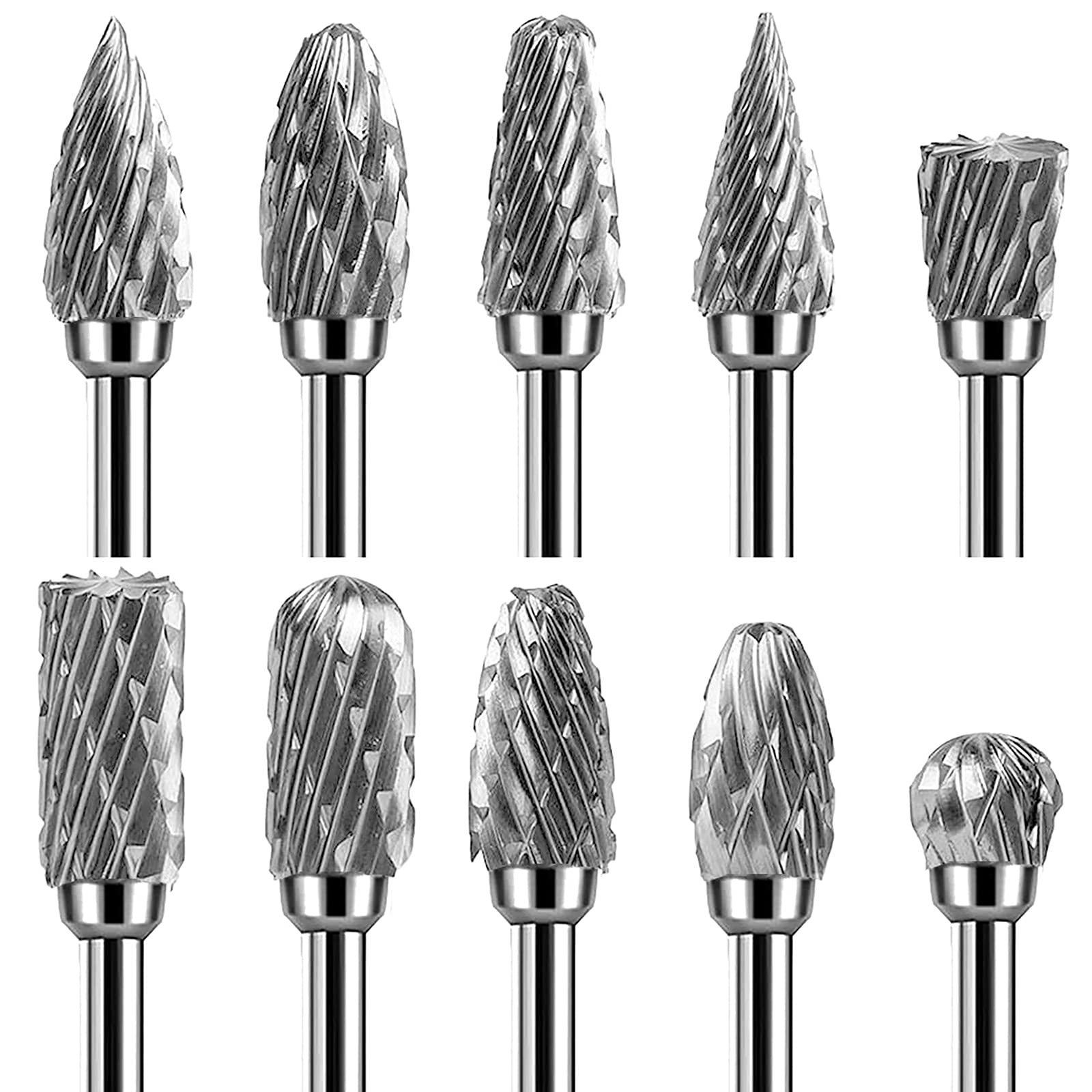 10Pcs 1/8" Shank Carbide Burr Bits Compatible with Dremel Rotary Tool, Metal Carving Bits Wood Stone Grinding Engraving Cutting Grinder Kit Attachment Rotary Tool Accessories Set Harder Than Diamond