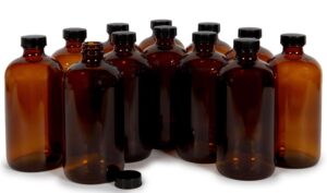 vivaplex, 12, amber, 16 oz glass bottles, with lids