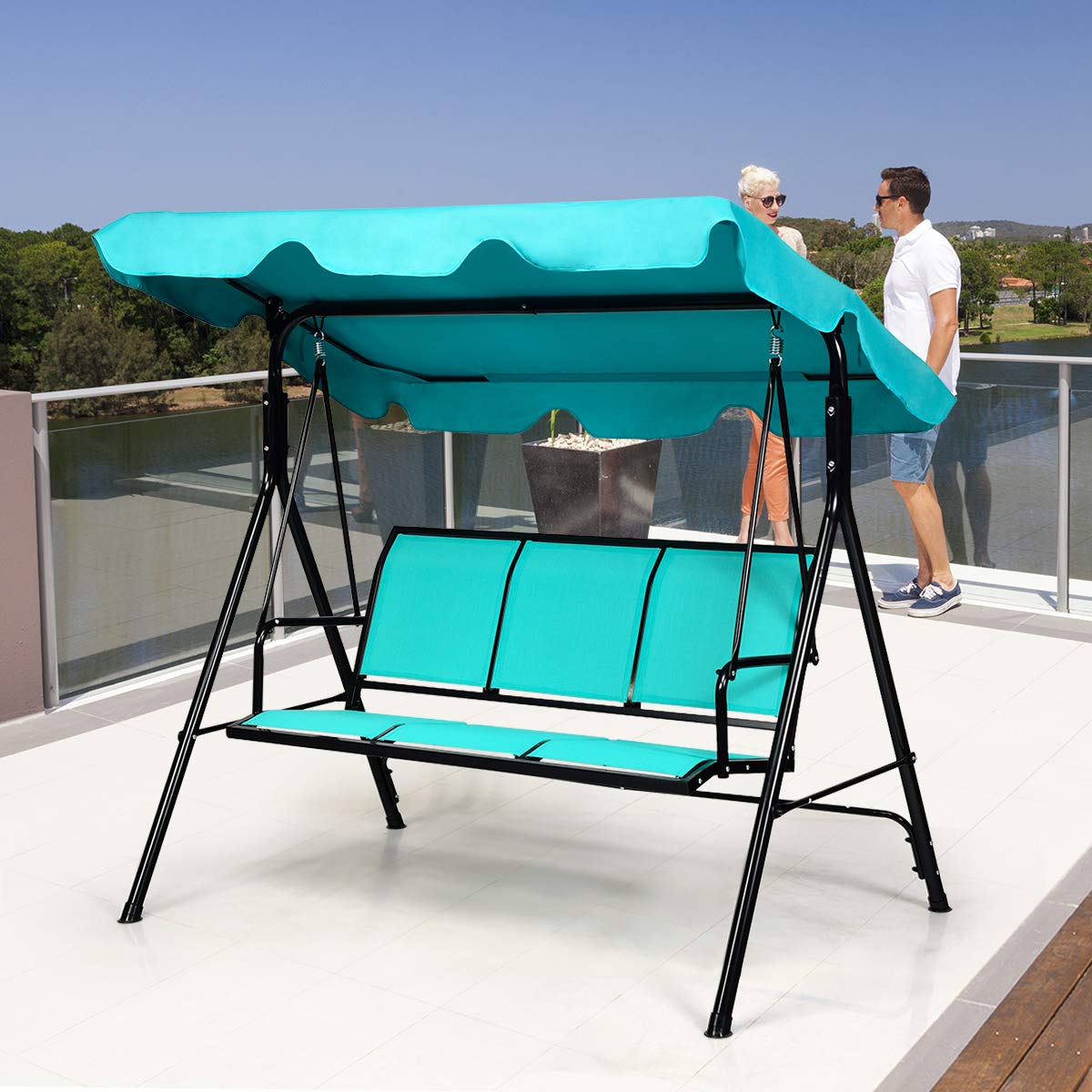 TANGKULA 3 Person Patio Swing, Steel Frame with Polyester Angle Adjustable Canopy, All Weather Resistant Swing Bench, Suitable for Patio, Garden, Poolside, Balcony (Turquoise)