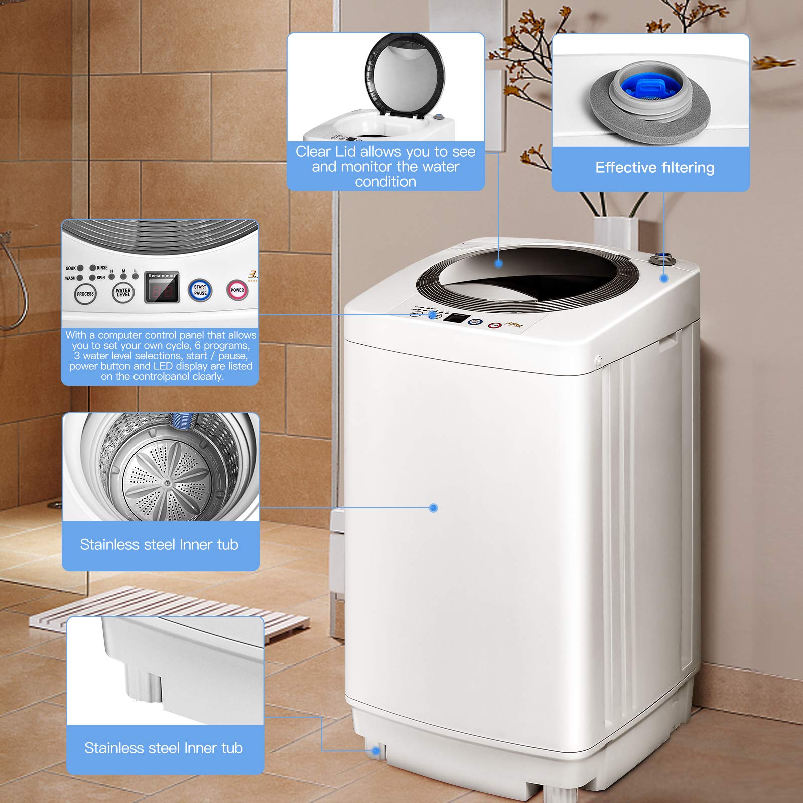 ARLIME Portable Washing Machine, Full-Automatic 8 lbs Capacity Laundry Machine w/Drain Pump, Ideal Compact Single Tub Clothes Washer & Spinner for RV, Dorm, Apartment Living