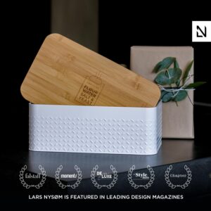 LARS NYSØM Bread Box I Metal bread box with linen bread bag for long lasting freshness I Bread box with bamboo lid usable as cutting board I 13.4x7.3x5.3In (Sage Green)