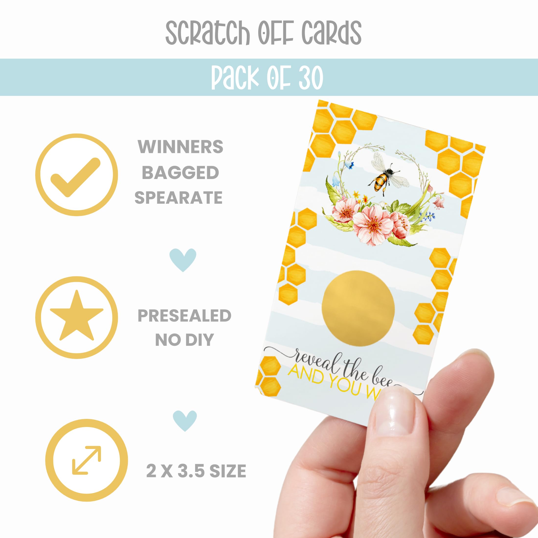 Bumblebee Scratch Off Game Cards (30 Pack) - Fun Bridal Shower Games, Modern Wedding Activities, Lottery Tickets for Door Prizes, Raffle Drawings, Instant Win Scratchers, Baby Shower Party Favors