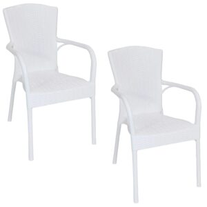 sunnydaze segesta all-weather plastic outdoor dining chair - commercial grade faux wicker design armchair - lawn and garden chair - indoor/outdoor use - white - 2 chairs