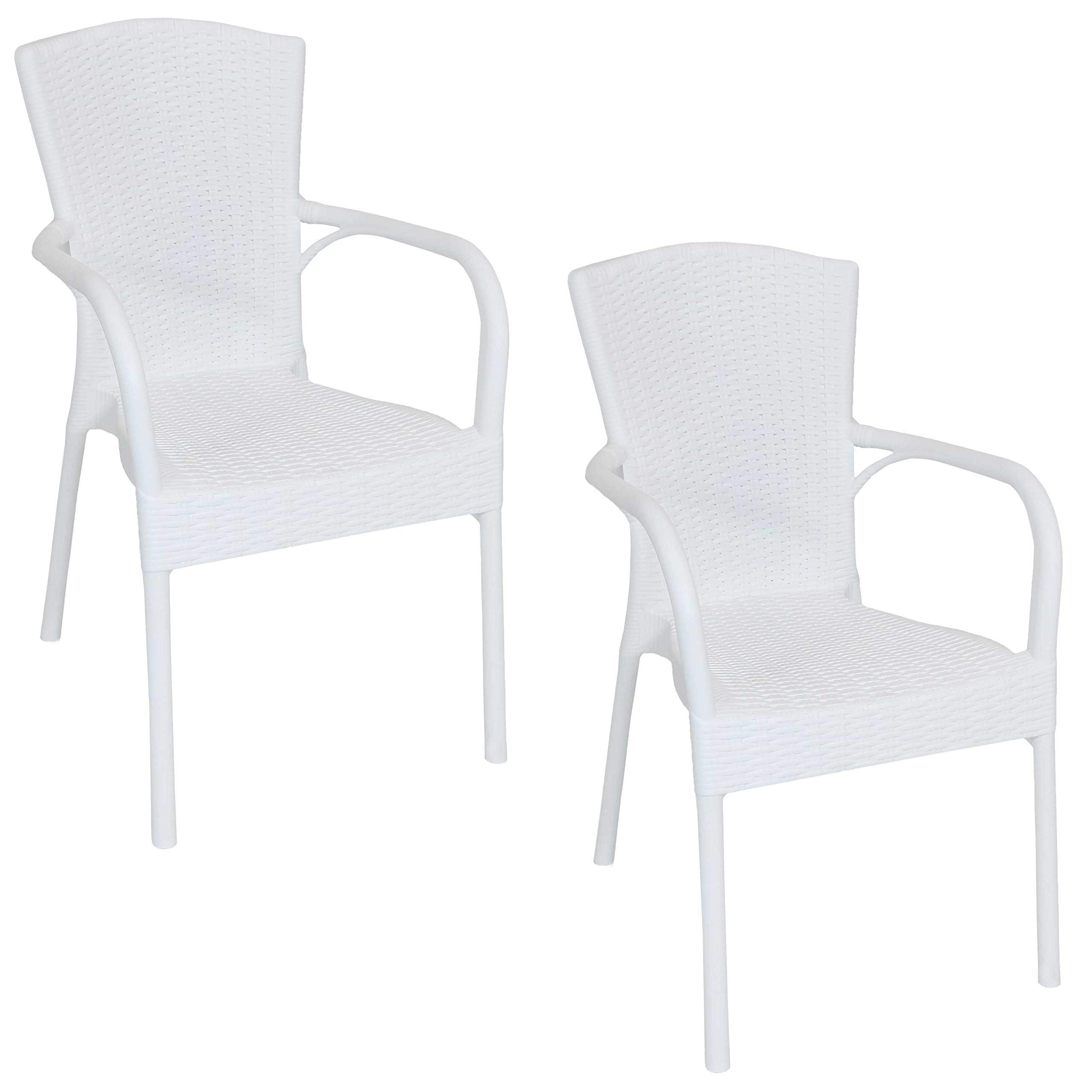 Sunnydaze Segesta All-Weather Plastic Outdoor Dining Chair - Commercial Grade Faux Wicker Design Armchair - Lawn and Garden Chair - Indoor/Outdoor Use - White - 2 Chairs