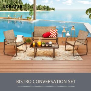 LOKATSE HOME 4 Pieces Patio Furniture Outdoor Bistro Conversation Set with Tempered Glass Coffee Table & Loveseat for Poolside, Porch, Lawn