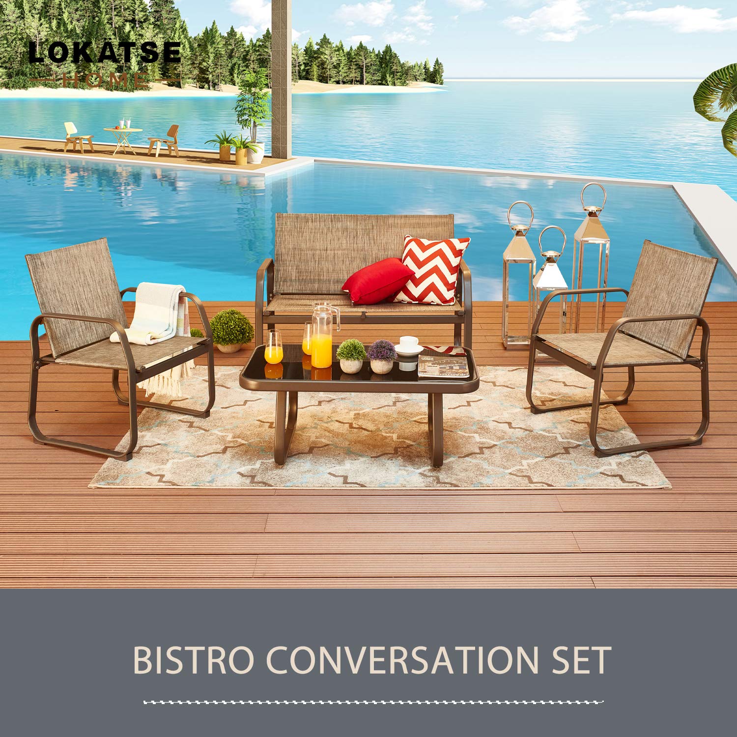 LOKATSE HOME 4 Pieces Patio Furniture Outdoor Bistro Conversation Set with Tempered Glass Coffee Table & Loveseat for Poolside, Porch, Lawn