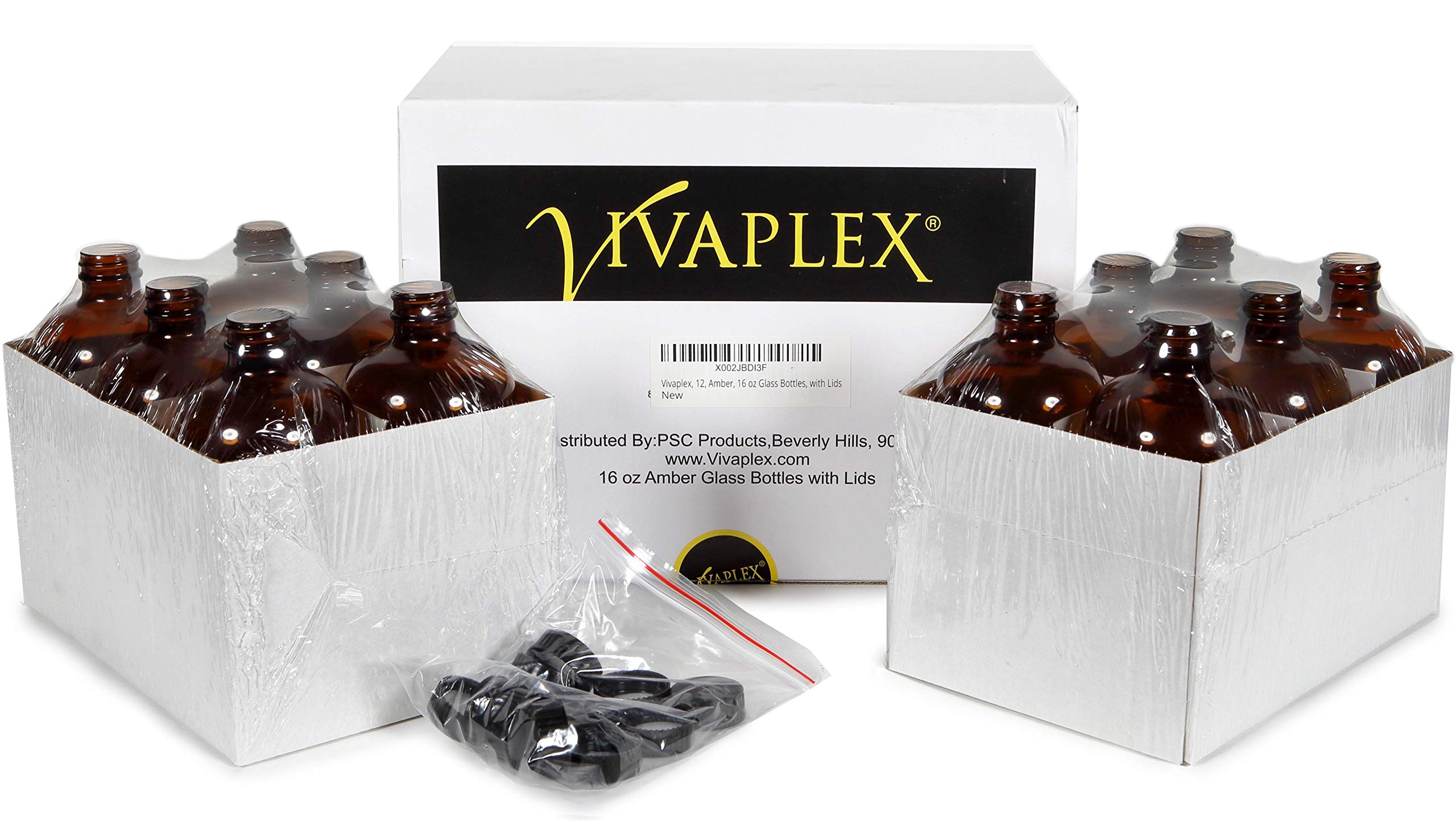 Vivaplex, 12, Amber, 16 oz Glass Bottles, with Lids