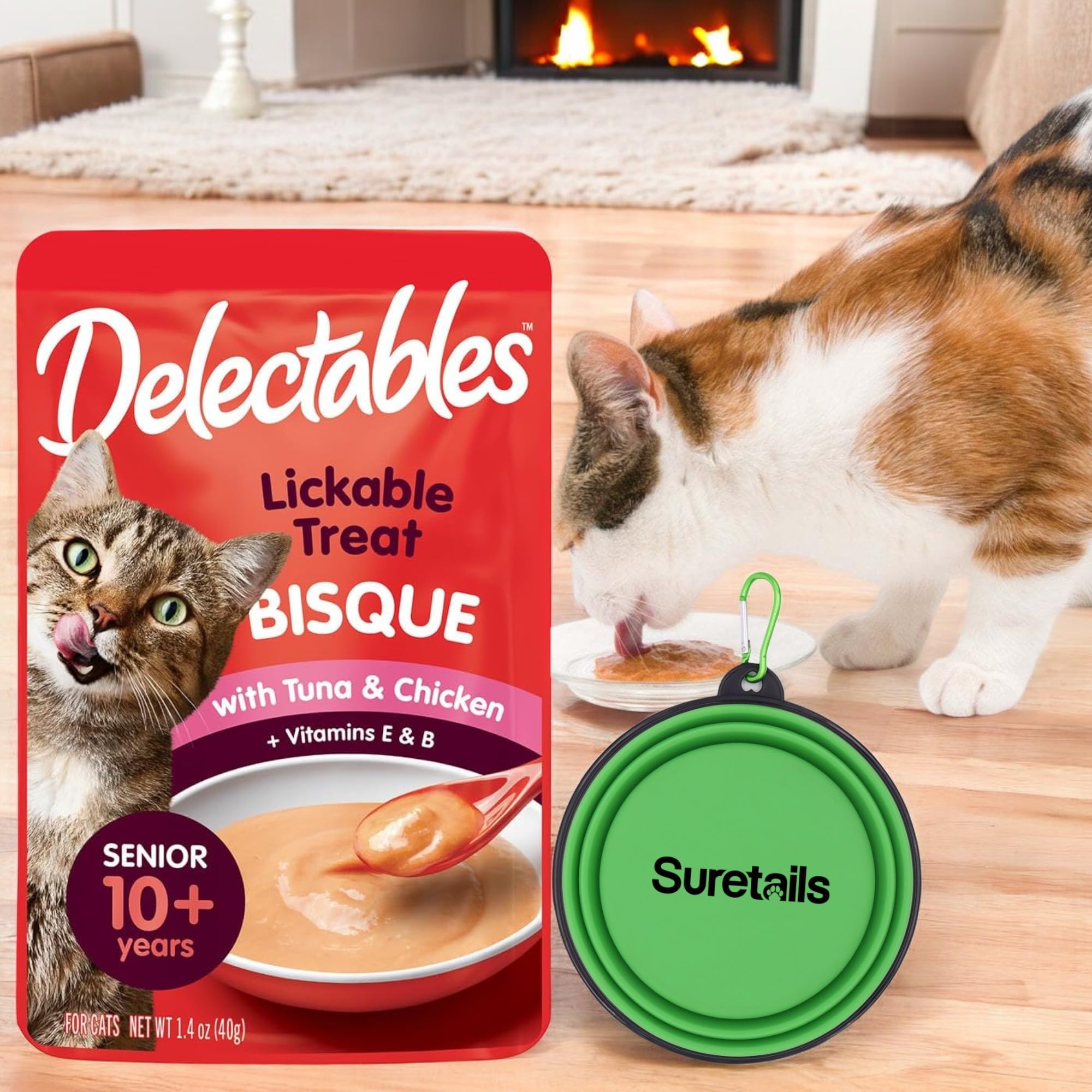 Suretails Delectables Senior Cat Bisque, 1.4 Oz - Tuna & Chicken Flavor, Creamy Lickable Treat with Vitamins E & B, Convenient Single-Serve Pouches Bundle Silicon Pet Bowl [Pack of 1]