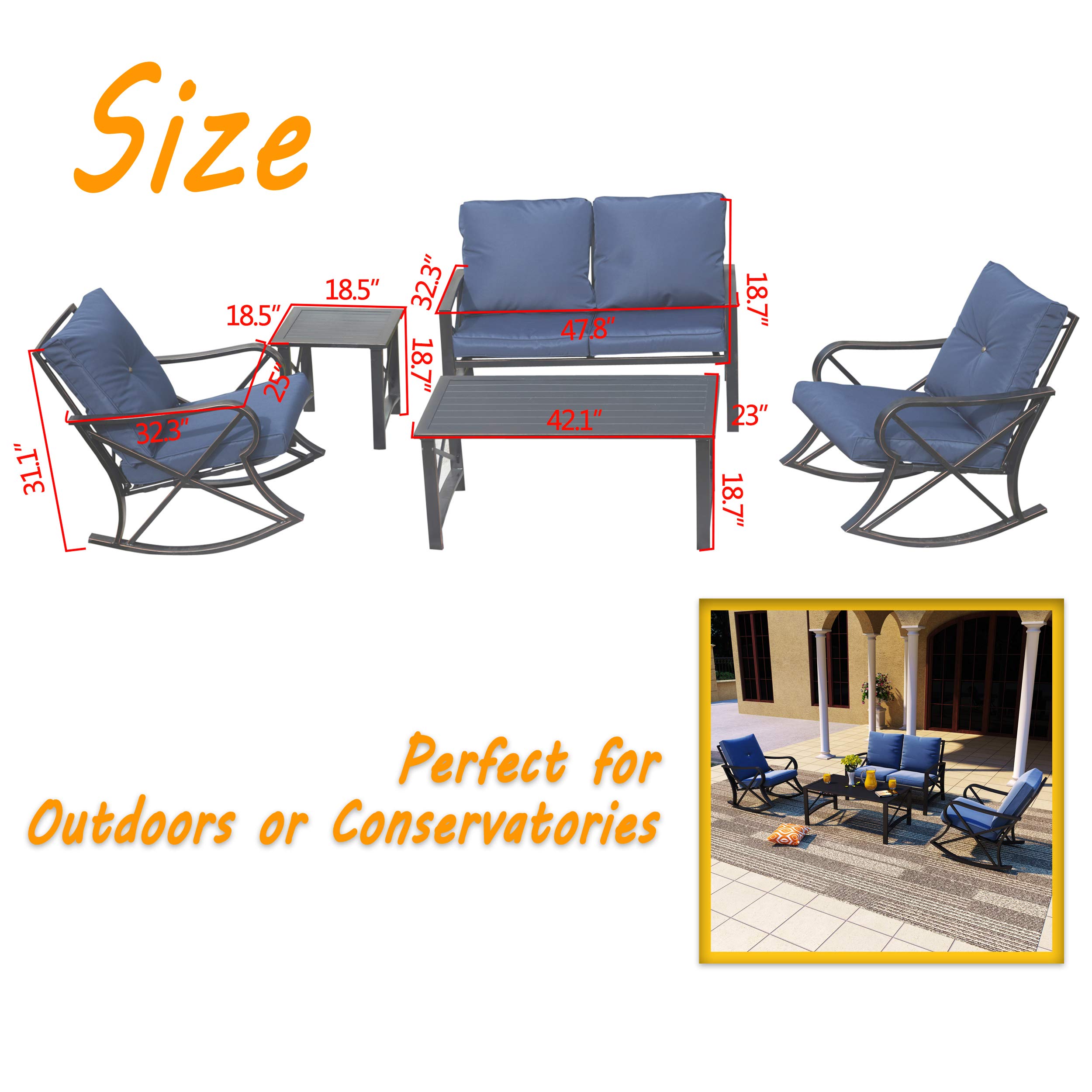 PatioFestival Patio Furniture Set Outdoor Patio Conversation Sets Modern Metal Sofa Sectionals with Rocking Chair, Loveseat and Coffee Table of Metal Frame, Cushions for Pool-Side Lawn (5 PCS, Blue)