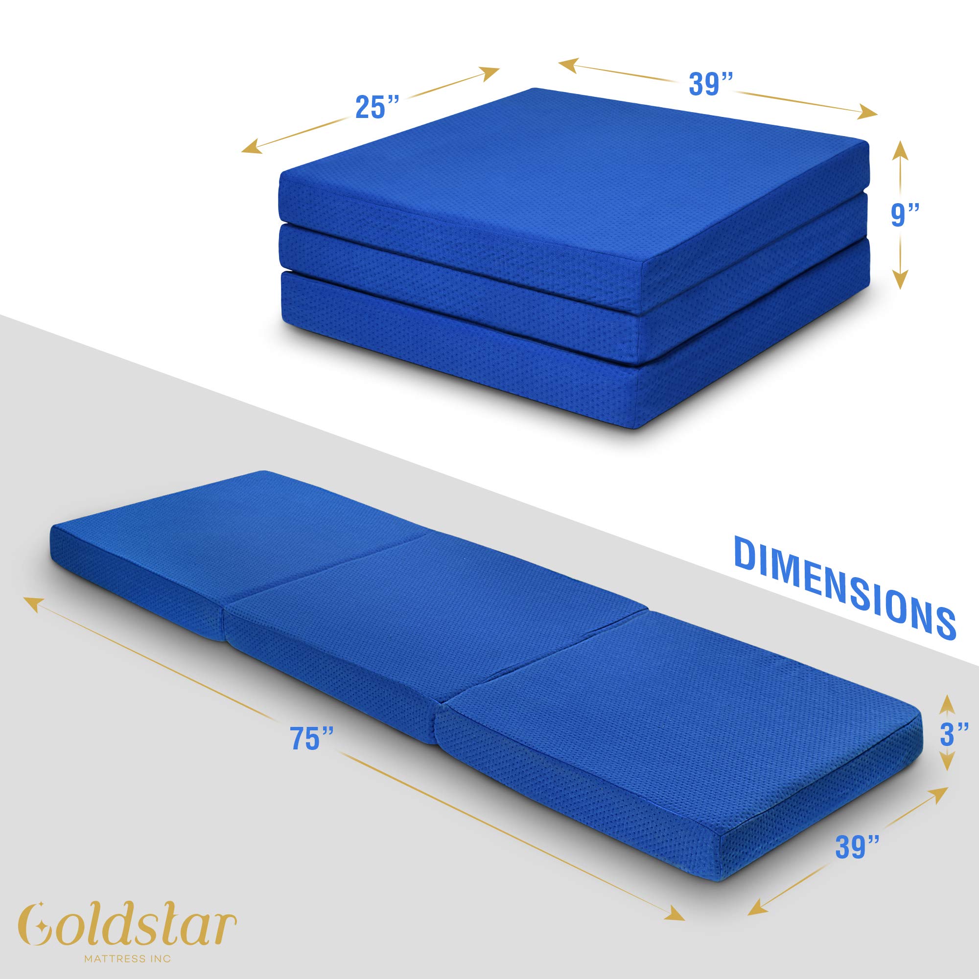 Gold Star Tri-Folding Gel Memory Foam Mattress, 39 x 75 Inches - 3-Inch Gel-Infused Cooling Mattress Topper, Cot Pad, Guest Bed - Portable Floor Mattress with Soft, Removable, and Washable Cover