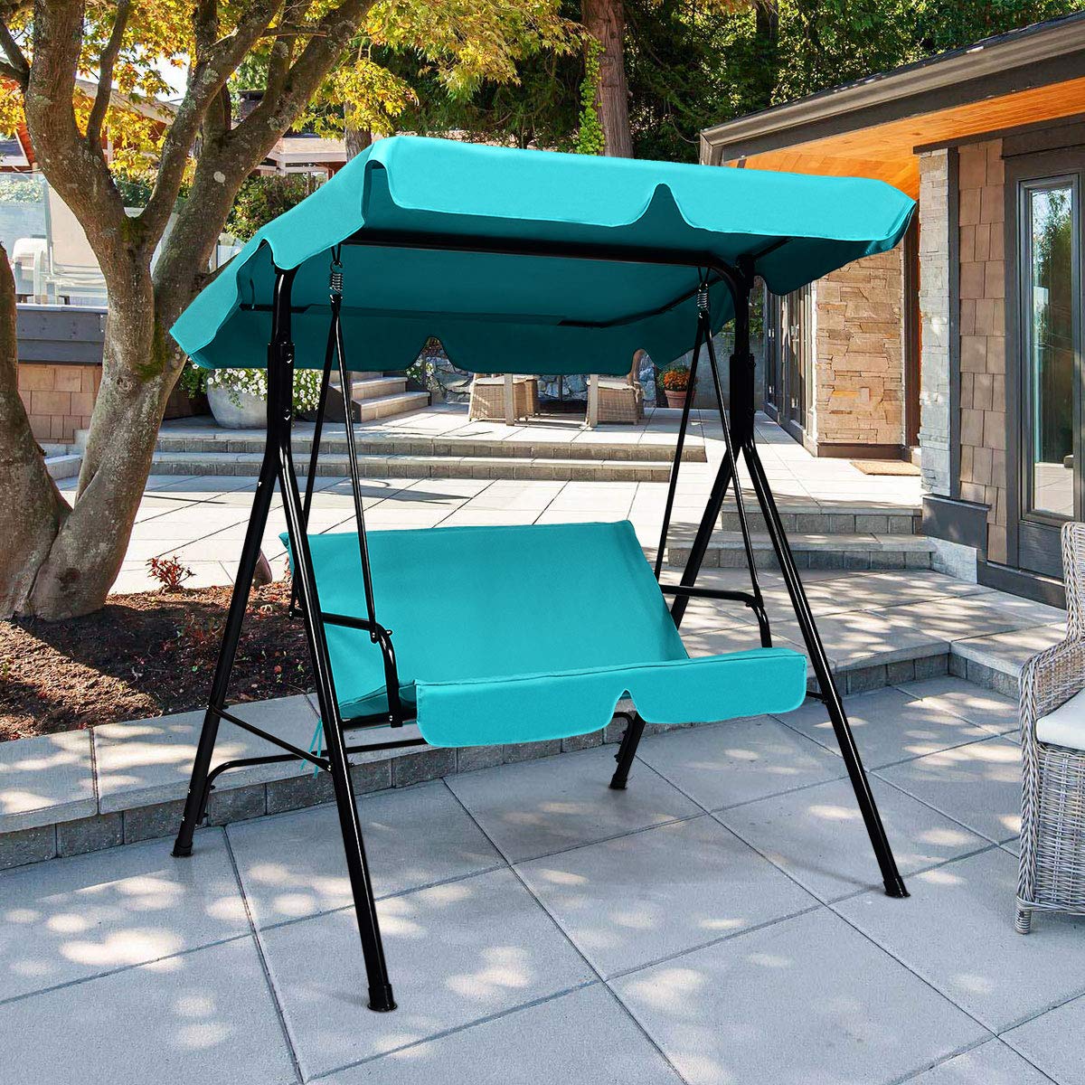 Tangkula 2 Person Porch Swing, Outdoor Swing with Removable Cushions, Solid Steel Structure, Patio Swing with Adjustable Canopy for Porch, Backyard, Garden, Balcony Turquoise