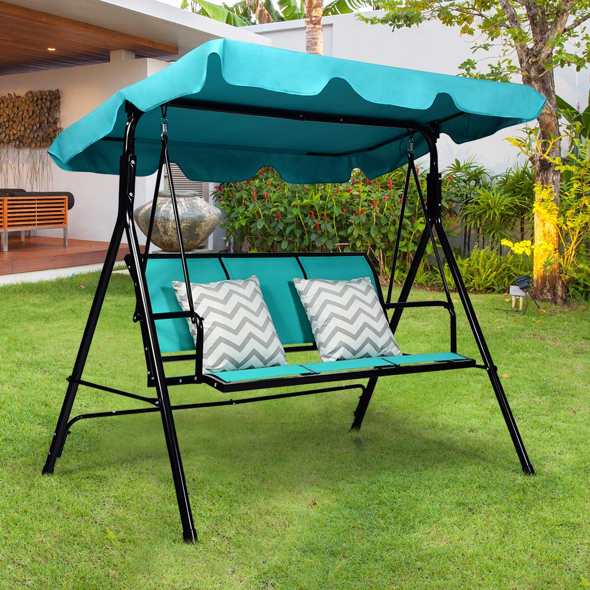 TANGKULA 3 Person Patio Swing, Steel Frame with Polyester Angle Adjustable Canopy, All Weather Resistant Swing Bench, Suitable for Patio, Garden, Poolside, Balcony (Turquoise)