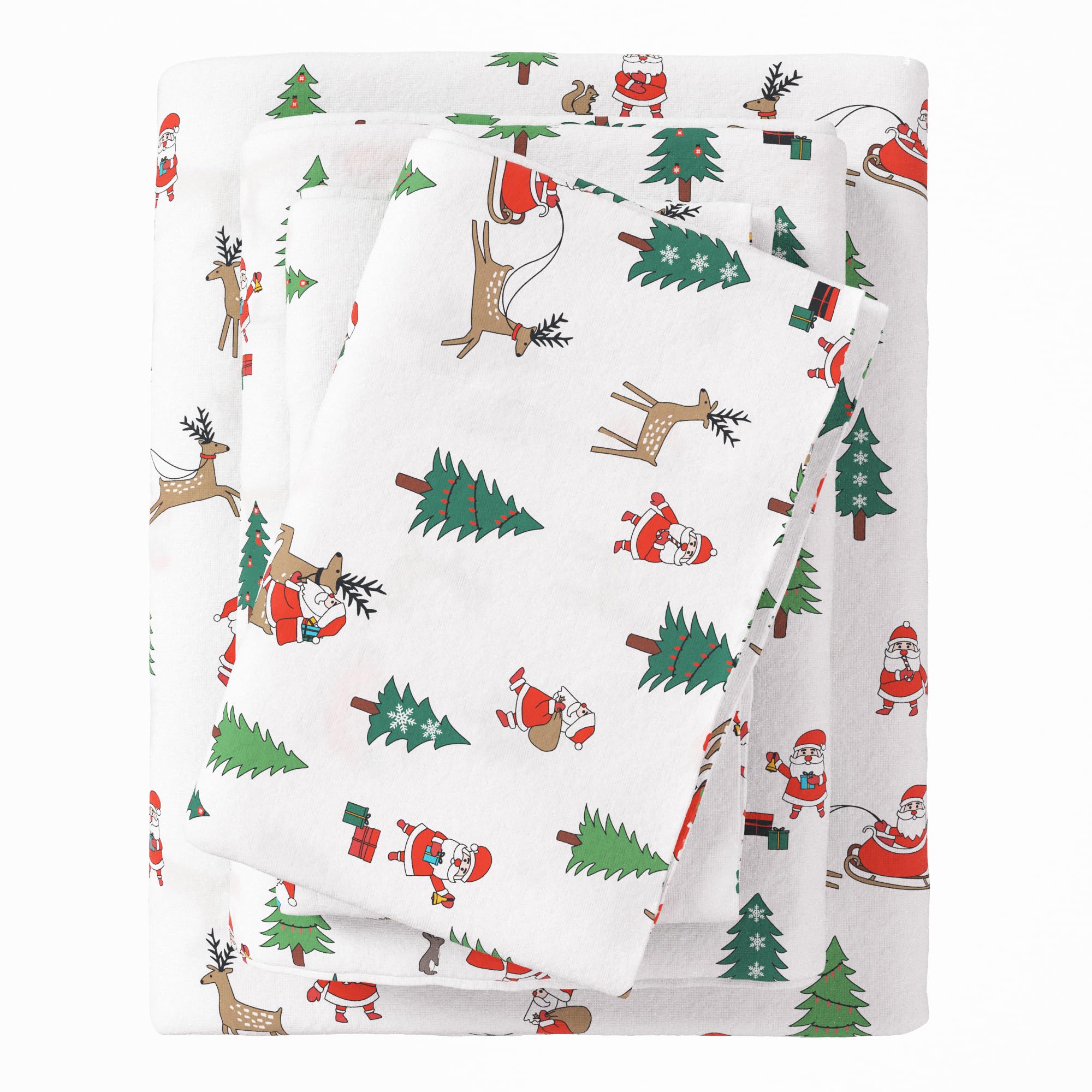 Great Bay Home Christmas Flannel Sheet Set Queen Size - 100% Turkish Cotton, Double-Brushed, Winter Bed Sheets - Ultra-Soft, Cozy, 4-Piece Christmas Bedding Set (Santa)