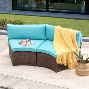 oc orange-casual 2-piece patio armless curved sofa seating outdoor wicker half-moon sectional chair with turquoise cushions