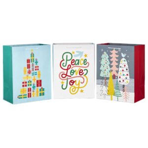 hallmark assorted christmas gift bag bundle (3 extra large 17" gift bags, 3 designs) trees, presents, peace, love, joy in pink, yellow, mint green, gray and white