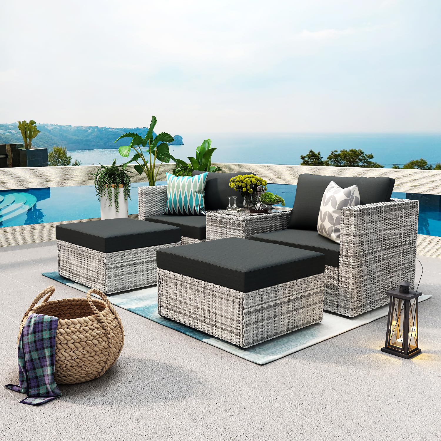 CHINNLUU Patio Furniture Set 5 Pieces Outdoor Conversation Set All-Weather Wicker Rattan Sectional Sofa with Ottoman Cushions Pillows for Lawn Pool Garden Backyard