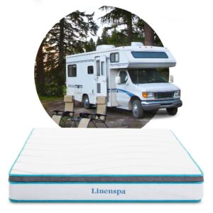 linenspa 8 inch memory foam and spring hybrid mattress - rv trailer & camper - medium firm feel - cooling & conforming support - quality comfort - breathable - bed in a box - short queen size