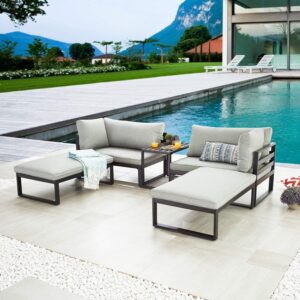 lokatse home patio furniture conversation metal sofa sunroom indoor chaise lounge cushioned chairs with ottoman table, 5 piece set, grey