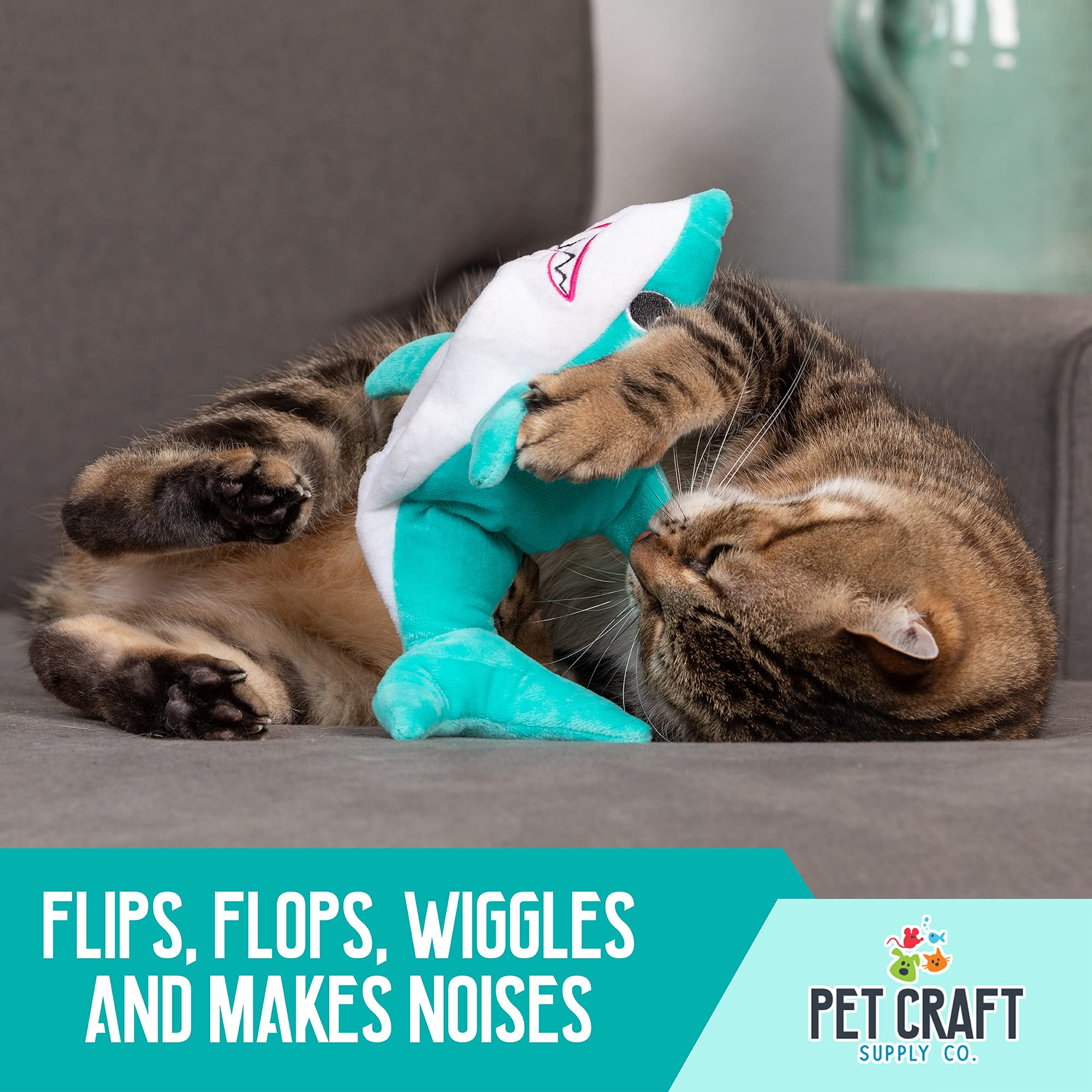 Pet Craft Supply Wiggle Pickle and Shimmy Shark Flipper Flopper Interactive Electric Realistic Flopping Wiggling Moving Fish Potent Catnip and Silvervine Cat Toy, Multi (8726), All Breed Sizes