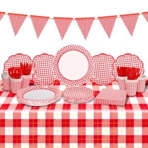 gatherfun gingham red and white party supplies disposable paper plates napkins cups knives spoons forks tablecloth banner for birthday party family dinner picnic barbecue mother's day party, serve 25