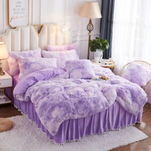 jauxio luxury abstract faux fur bedding set tie dye printed shaggy duvet cover with pillow shams soft crystal velvet reverse (queen, lilac)