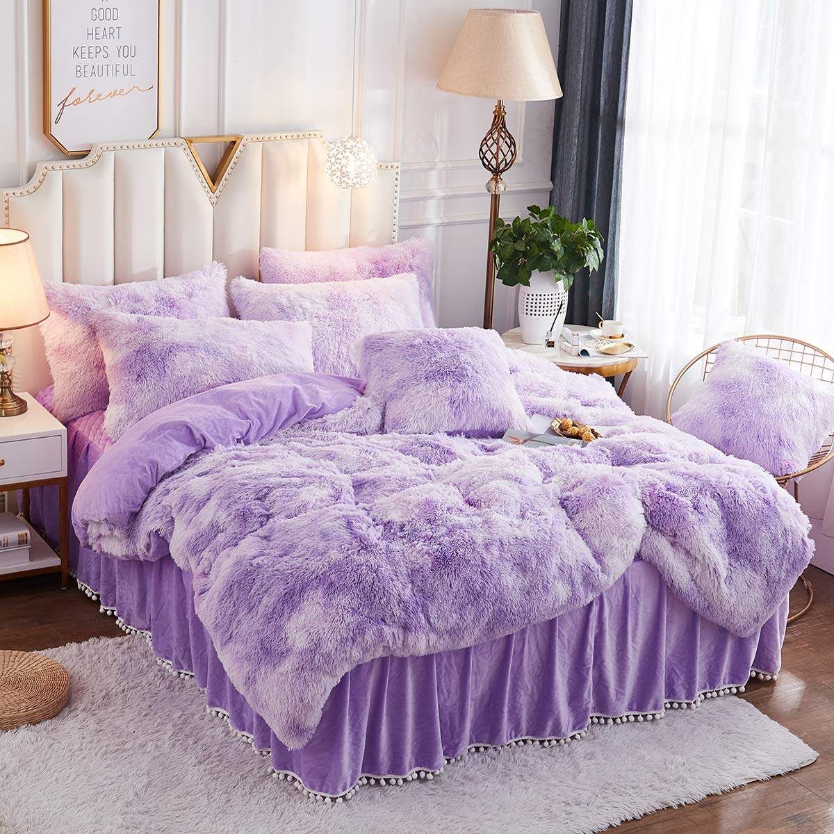 JAUXIO Luxury Abstract Faux Fur Bedding Set Tie Dye Printed Shaggy Duvet Cover with Pillow Shams Soft Crystal Velvet Reverse (Queen, Lilac)