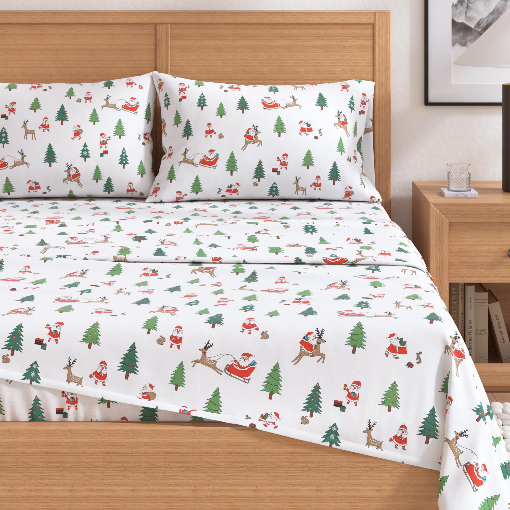 Great Bay Home Christmas Flannel Sheet Set Queen Size - 100% Turkish Cotton, Double-Brushed, Winter Bed Sheets - Ultra-Soft, Cozy, 4-Piece Christmas Bedding Set (Santa)