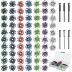 76pcs 1 inch mini radial bristle disc mix kit with 2.35mm/3mm mandrels for rotary tools accessories cleaning deburring sanding, grit 80/120/220/400/600/1000/2500 abrasive buffing wheel polishing bits