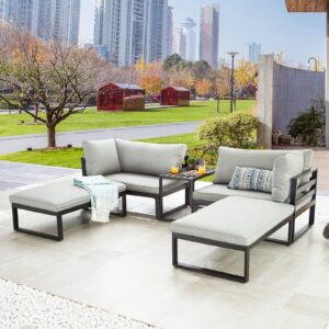 festival depot 5 pieces patio furniture outdoor conversation set metal corner sectional sofa couch patio armrest chair cushioned lounger dining coffee side table with ottomans