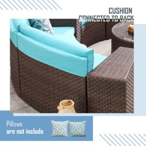 OC Orange-Casual 2-Piece Patio Armless Curved Sofa Seating Outdoor Wicker Half-Moon Sectional Chair with Turquoise Cushions