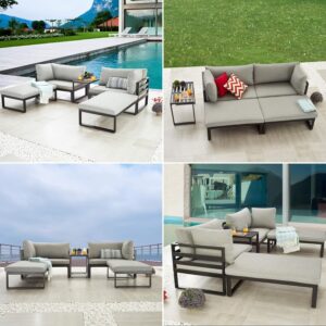 LOKATSE HOME Patio Furniture Conversation Metal Sofa Sunroom Indoor Chaise Lounge Cushioned Chairs with Ottoman Table, 5 Piece Set, Grey