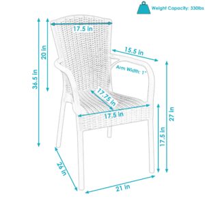 Sunnydaze Segesta All-Weather Plastic Outdoor Dining Chair - Commercial Grade Faux Wicker Design Armchair - Lawn and Garden Chair - Indoor/Outdoor Use - White - 2 Chairs