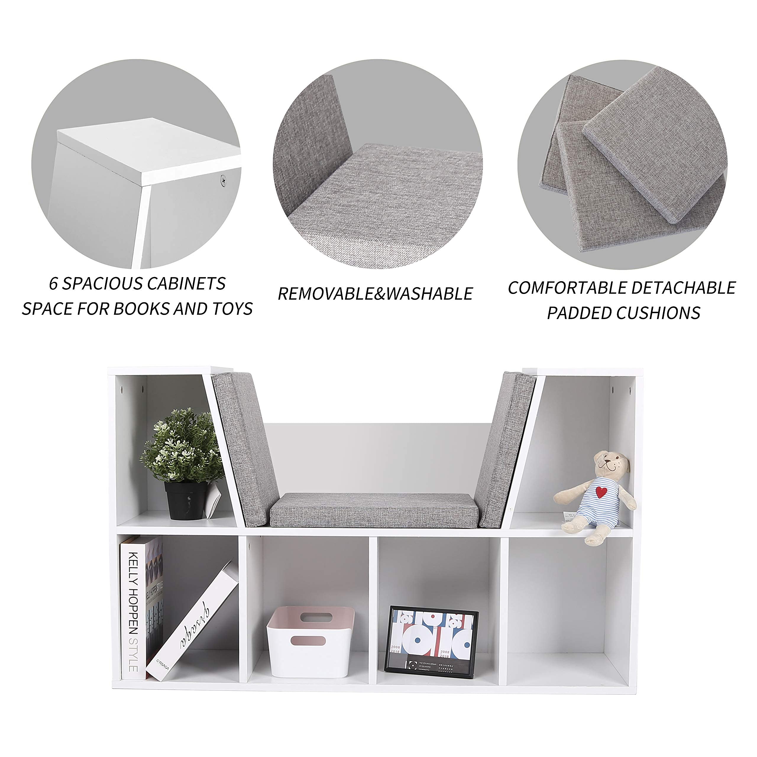 VEIKOU Kids Bookcase with Reading Nook 6-Cubby Kids Bookshelf Organizer for Kids Reading Nook, Kids Bookcase with Grey Cushion, White