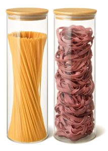 praknu pasta containers storage jars 67oz - 2 food glass jars with bamboo lids - airtight glass spaghetti container - tall glass jar