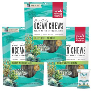 pet faves (3 pack of 6oz) the honest kitchen wolffish ocean chews grain free dog chew treats – natural human grade dehydrated fish skins (6 oz each) with 10ct wipes