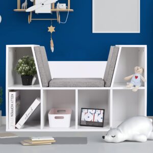 VEIKOU Kids Bookcase with Reading Nook 6-Cubby Kids Bookshelf Organizer for Kids Reading Nook, Kids Bookcase with Grey Cushion, White