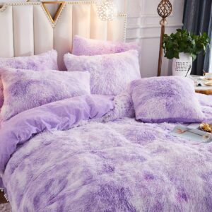 JAUXIO Luxury Abstract Faux Fur Bedding Set Tie Dye Printed Shaggy Duvet Cover with Pillow Shams Soft Crystal Velvet Reverse (Queen, Lilac)