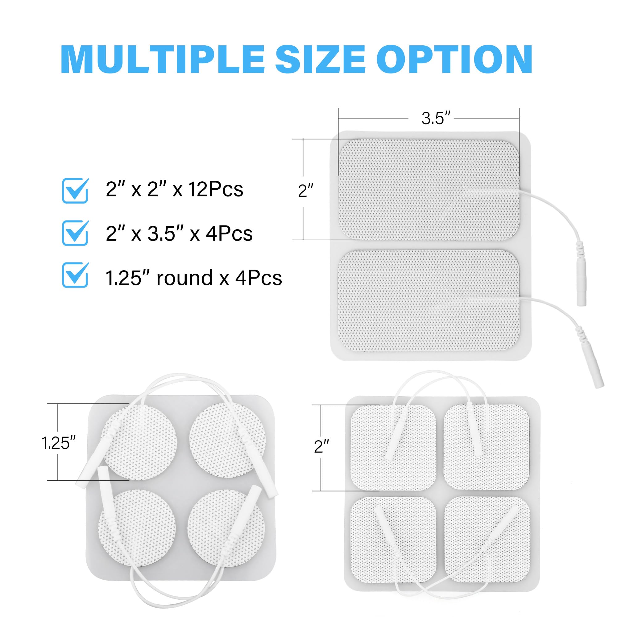 LotFancy TENS Unit Replacement Pads Assorted Sizes, 20PCS Self-Adhesive Electrode Pads for TENS/EMS Massager, 2” x 2” -12Pcs, 2” x 3.5”- 4Pcs, 1.25" Round - 4Pcs