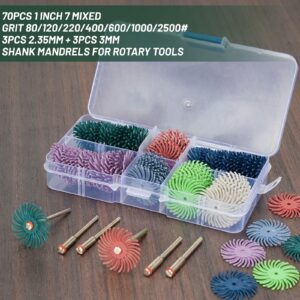 76Pcs 1 Inch Mini Radial Bristle Disc Mix Kit with 2.35mm/3mm Mandrels for Rotary Tools Accessories Cleaning Deburring Sanding, Grit 80/120/220/400/600/1000/2500 Abrasive Buffing Wheel Polishing Bits