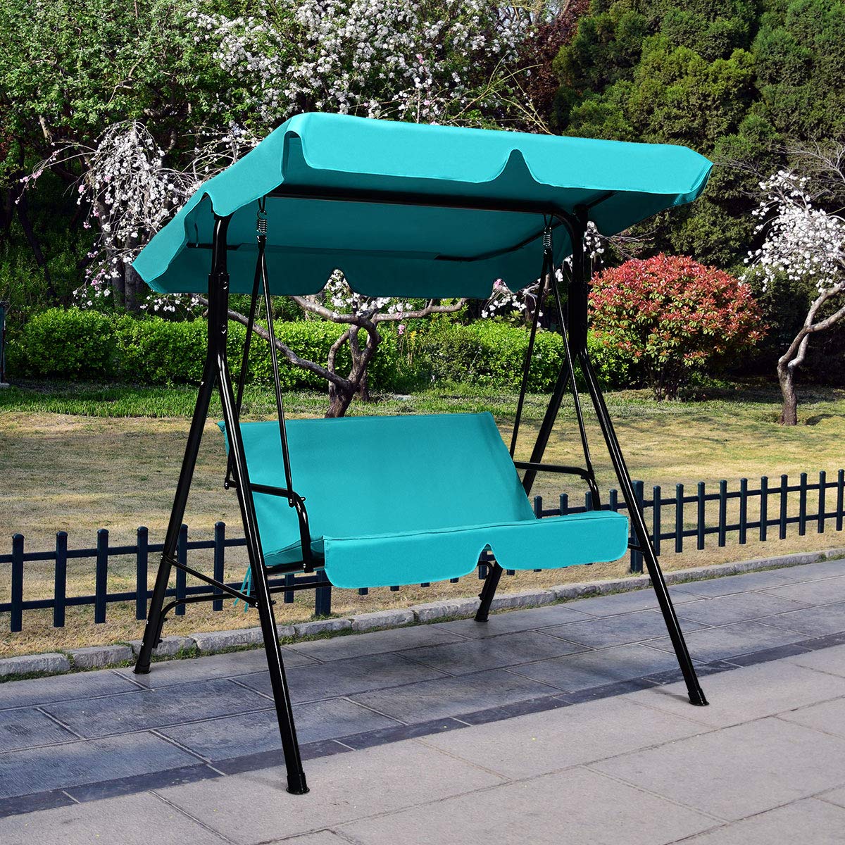 Tangkula 2 Person Porch Swing, Outdoor Swing with Removable Cushions, Solid Steel Structure, Patio Swing with Adjustable Canopy for Porch, Backyard, Garden, Balcony Turquoise