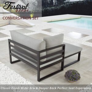 Festival Depot 2 Pieces Patio Furniture Outdoor Conversation Set Metal Corner Sectional Sofa Couch Patio Armrest Chair Cushioned Lounger with Ottomans