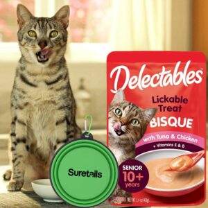 Suretails Delectables Senior Cat Bisque, 1.4 Oz - Tuna & Chicken Flavor, Creamy Lickable Treat with Vitamins E & B, Convenient Single-Serve Pouches Bundle Silicon Pet Bowl [Pack of 1]