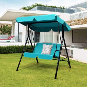 Tangkula 2 Person Porch Swing, Outdoor Swing with Removable Cushions, Solid Steel Structure, Patio Swing with Adjustable Canopy for Porch, Backyard, Garden, Balcony Turquoise